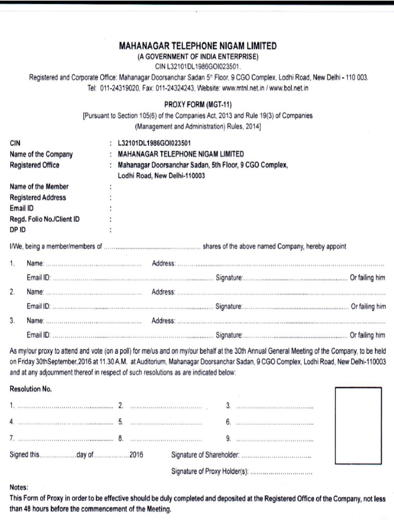 Proxy Form for 30th AGM MTNL | PDF