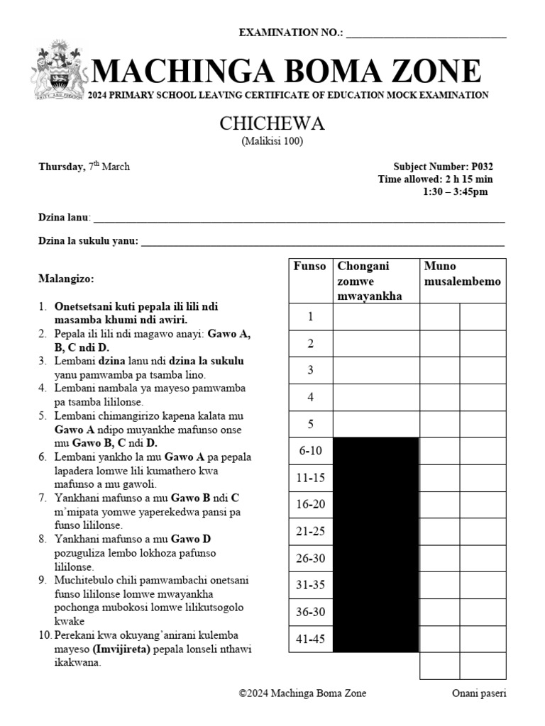 2024 - Mhg Boma Zone-chichewa Std 8 Mock - (7th March) | PDF
