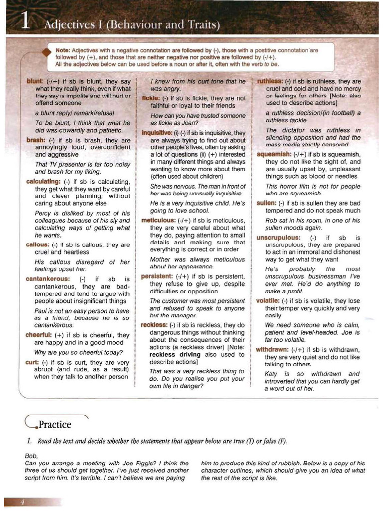 Adjectives - Personal Traits and Character - Vocabulary Advanced | PDF