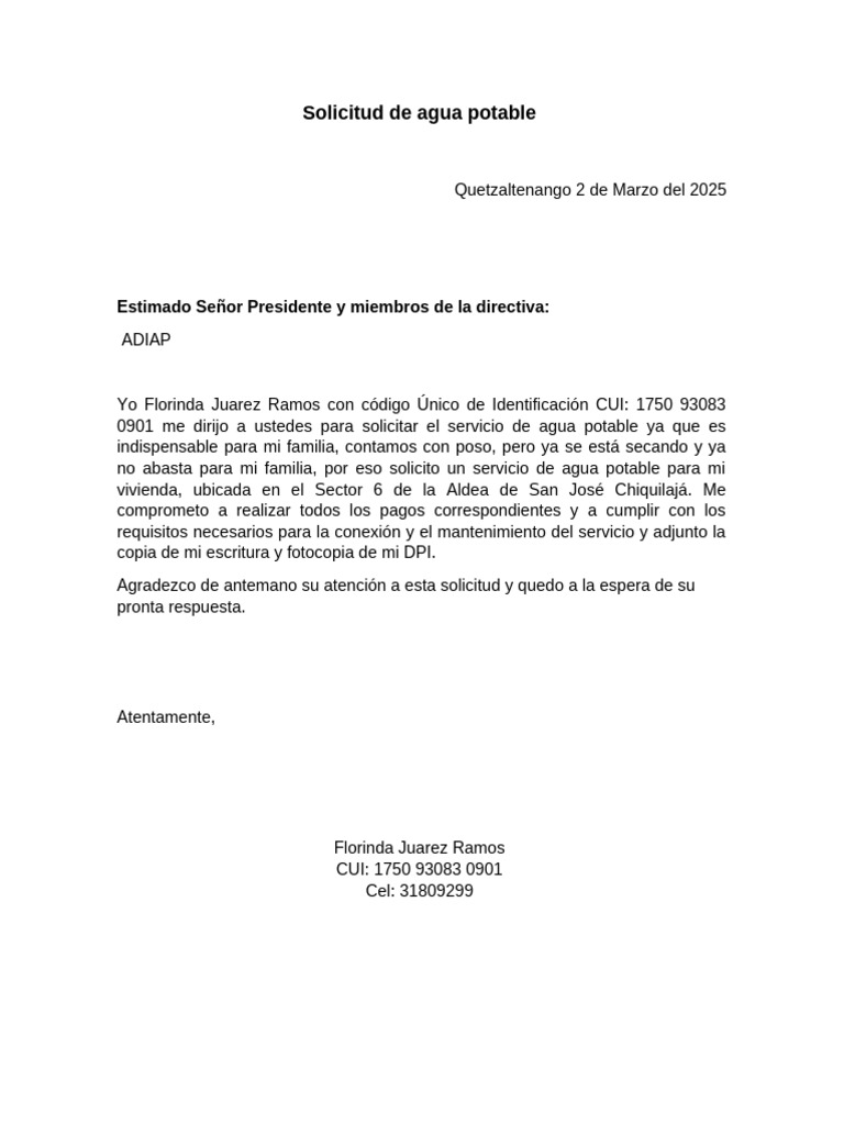 Solicitud de Agua Potable | PDF