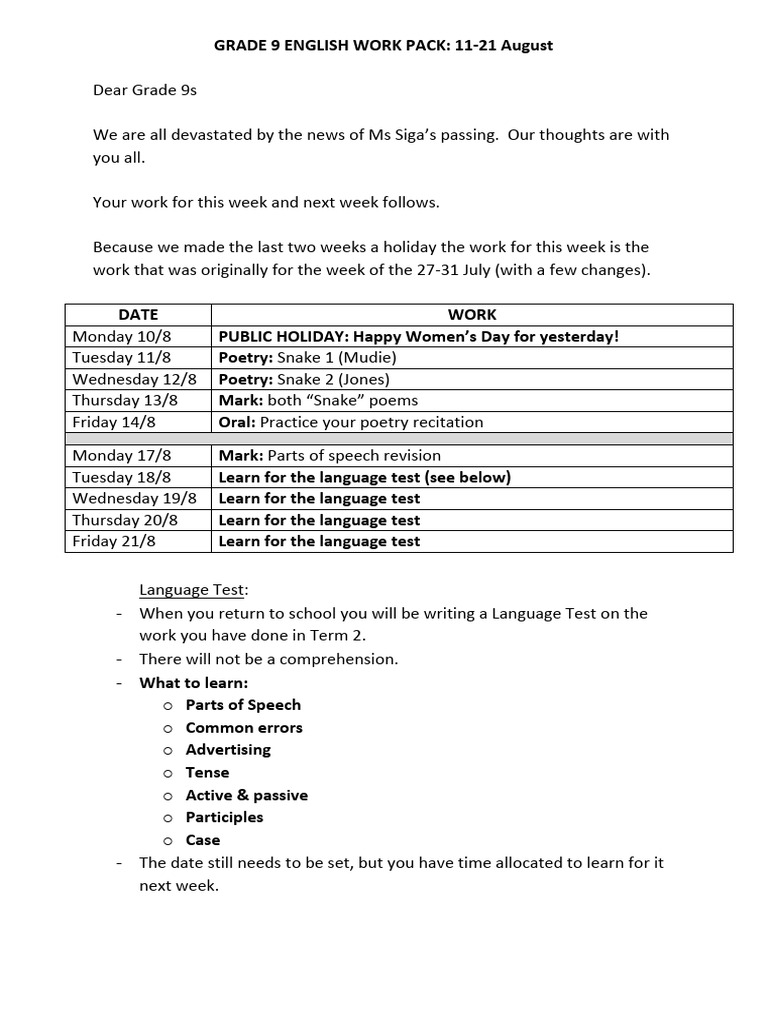 GR 9 English 11 21 August | PDF | Verb | Pronoun