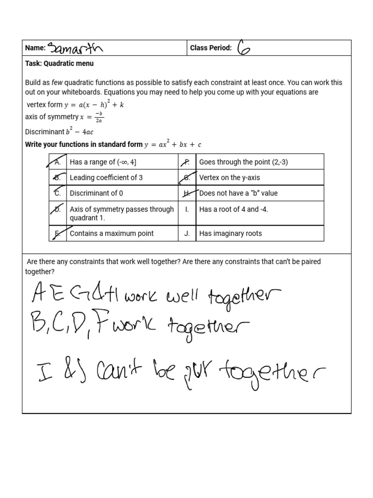 Quadratic Function Menu Task | PDF