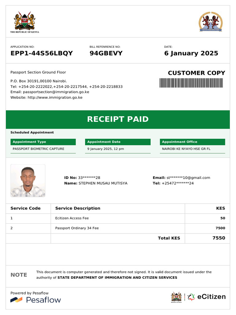 Nairobi Passport Biometric Appointment Receipt | PDF | Passport | Access Control