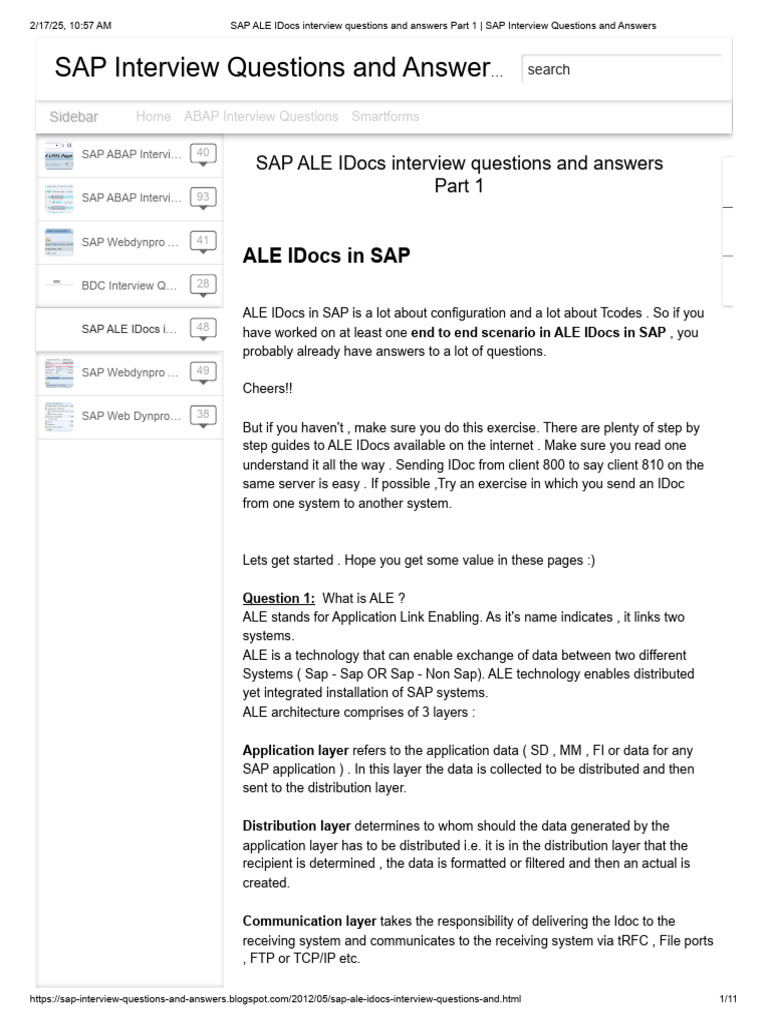 SAP ALE IDocs Interview Questions and Answers Part 1 - SAP Interview Questions and Answers | PDF ...