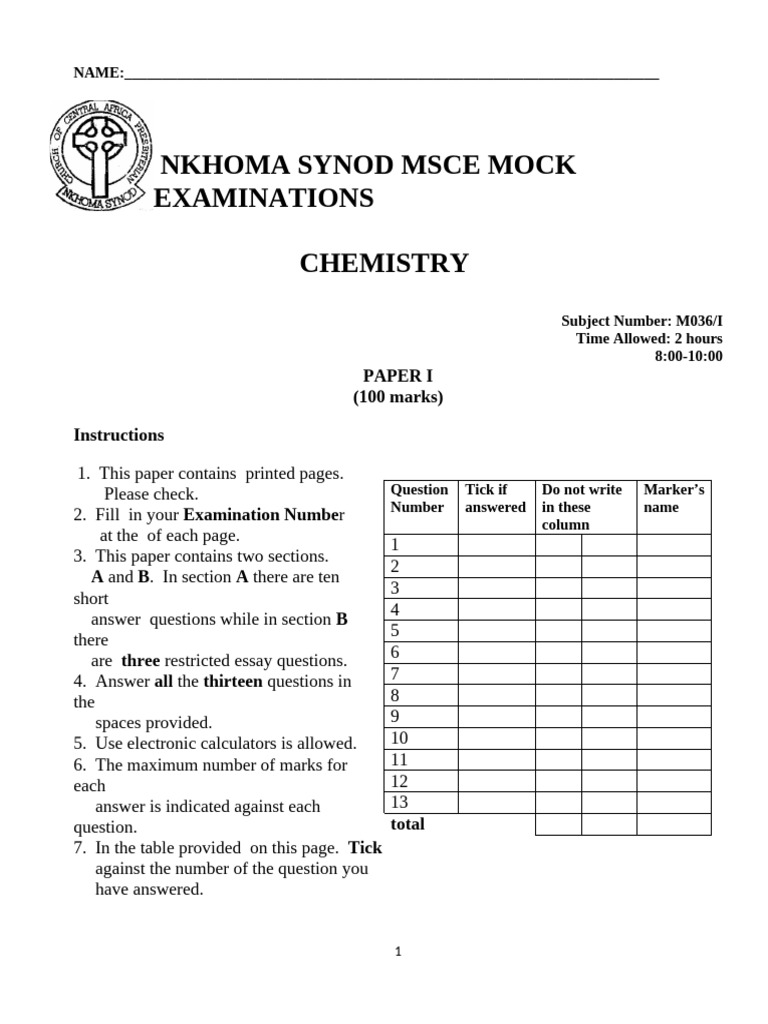 NKHOMA 2020 Chemistry I Msce | PDF | Chemical Compounds | Hydroxide