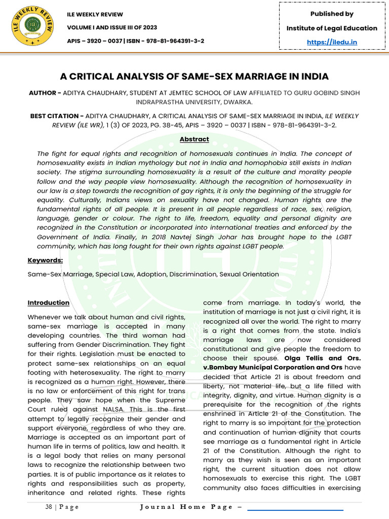 A Critical Analysis of Same-Sex Marriage in India | PDF | Homosexuality ...