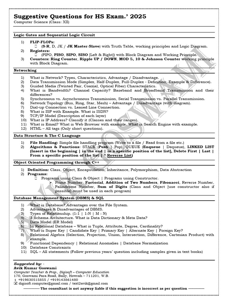 Suggestion - HS Exam' 2025 (XII, COMS) - Unlocked | PDF | Relational Model | Databases