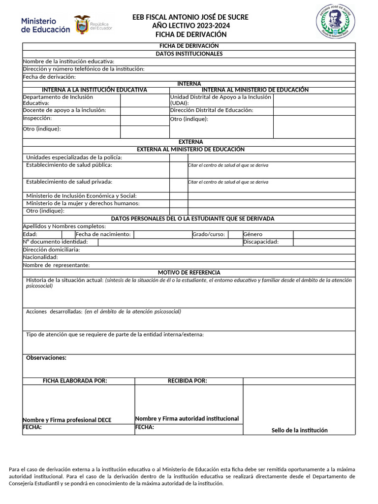 Ficha de Derivación DECE 2023-2024 | PDF | Institución
