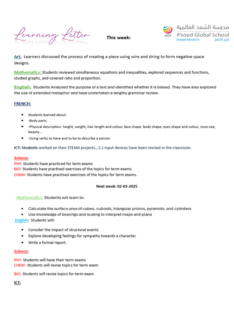 Learning Letter G8!02!03-2025 | PDF