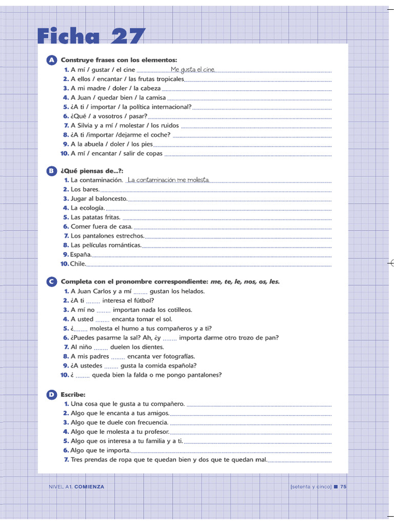 Verbos Como Gustar - Ejercicios - Fichas Prisma A1 | PDF