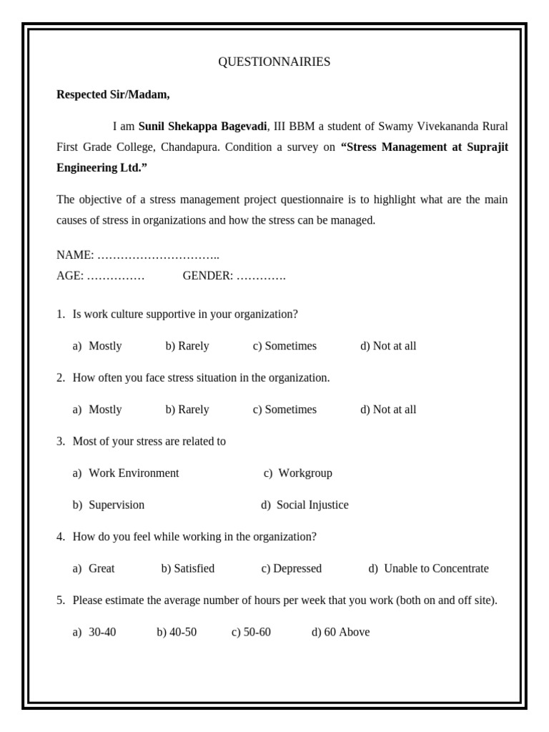Questionnaire_Stress Management | PDF | Emotions | Mental Health