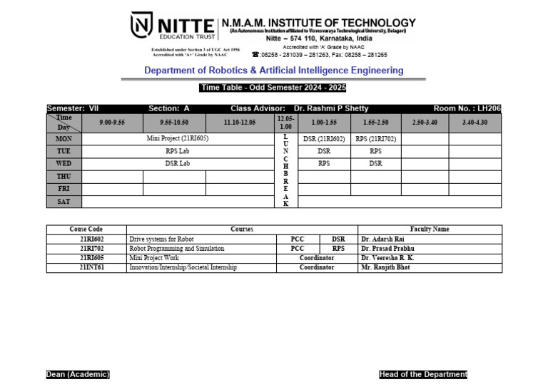 RI Department Time Table VII Sem - 2024 - 2025 (VTU) (Supplementary) | PDF