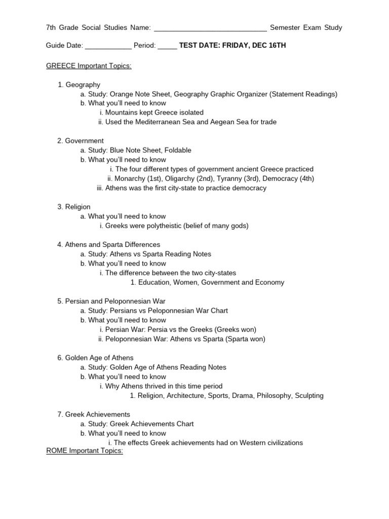 Semester Exam Study Guide | PDF | Ancient Greece | Ancient Rome