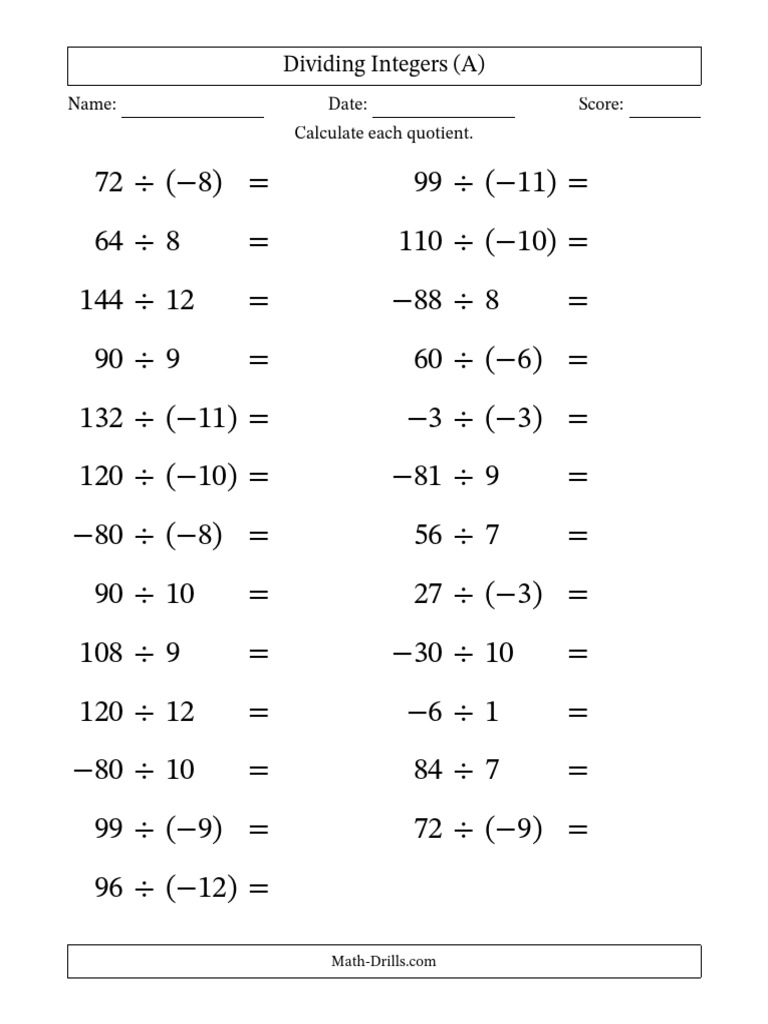 Dividing Mixed Integers From - 12 To 12 | PDF | Abstract Algebra ...