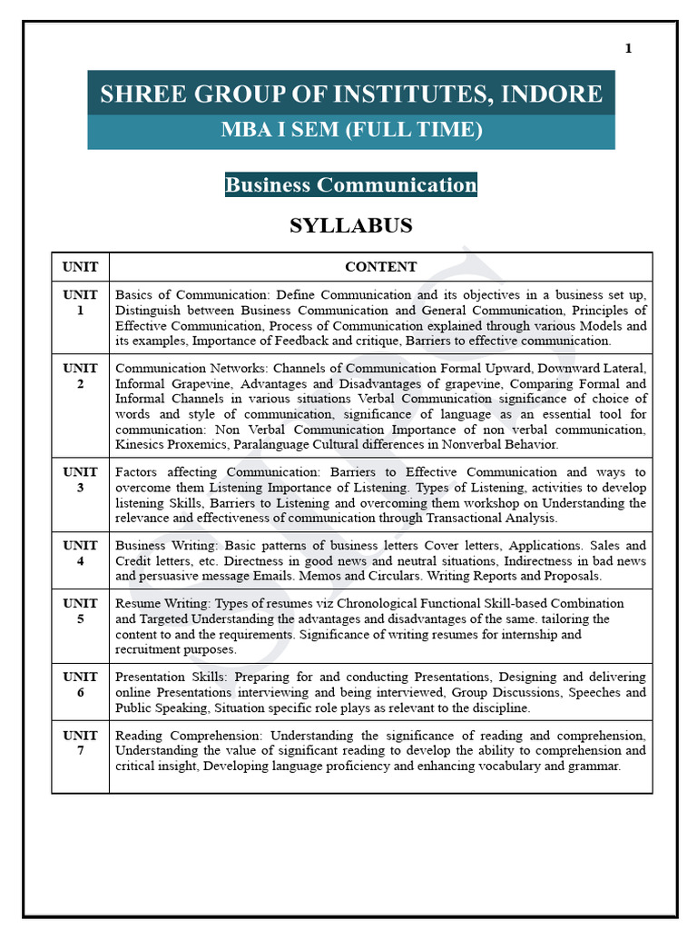 Business Communication Syllabus Overview | PDF | Communication | Cognition
