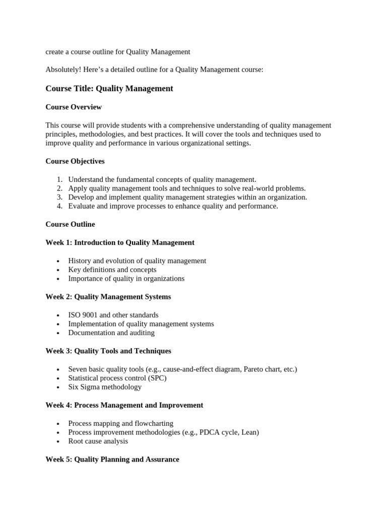 Quality Management Course Outline | PDF | Quality Management | Quality ...