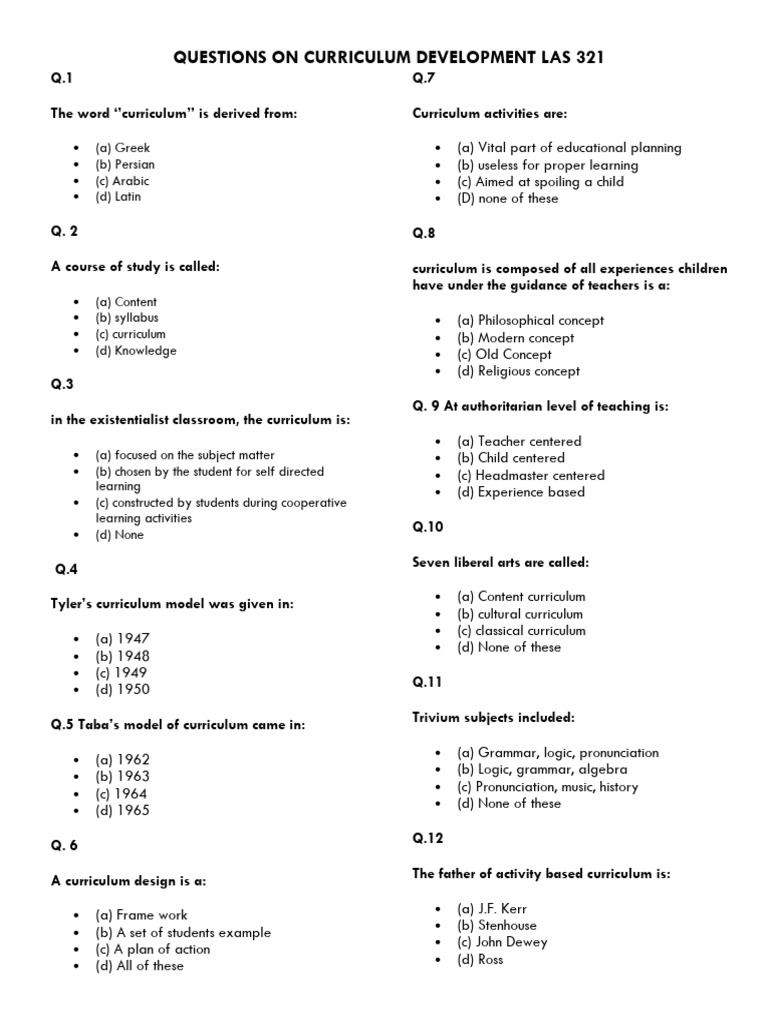 LAS 321 CURRICULUM DEVELOPMENT qUESTION | PDF | Curriculum | Evaluation
