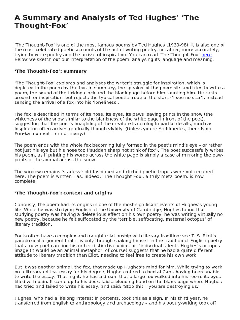A Summary and Analysis of Thought Fox by Ted Hughes | PDF | Poetry