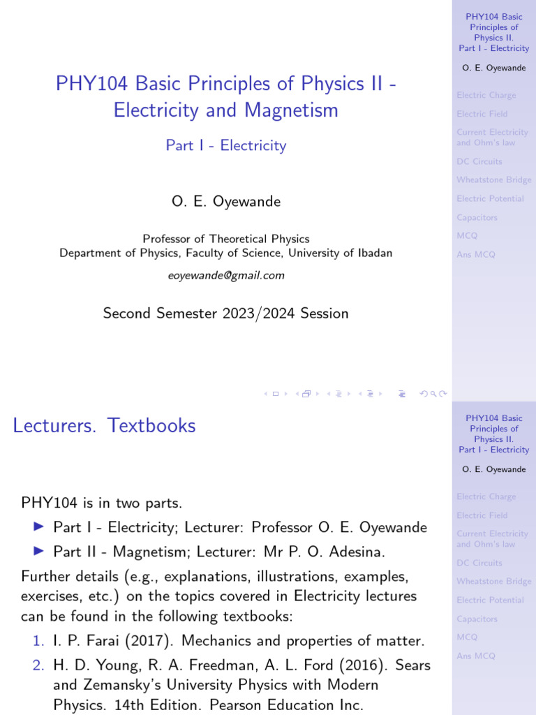 PHY104 Electricity Lectures 2024RevisedFinal | PDF | Electricity | Electric Charge