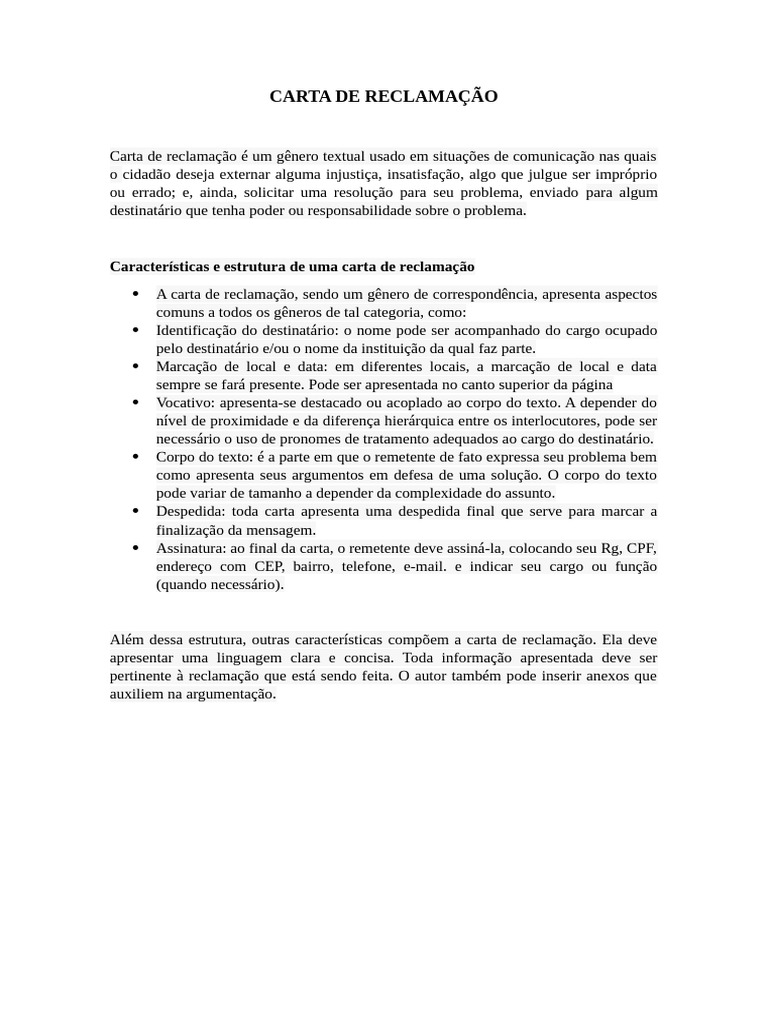 Estrutura da Carta de Reclamação | PDF