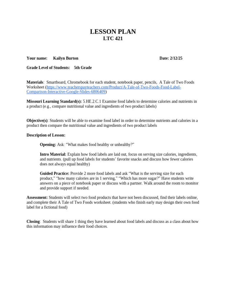 Nutrition Labels Lesson Plan | PDF