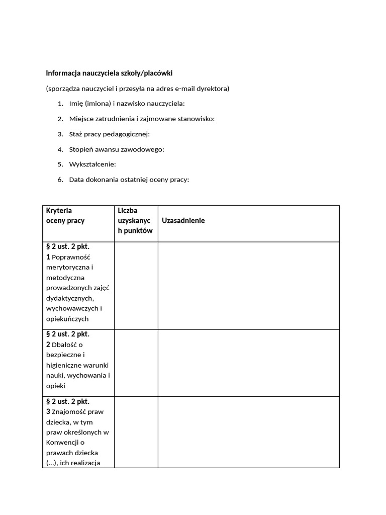 Arkusz Samooceny Nauczyciela | PDF