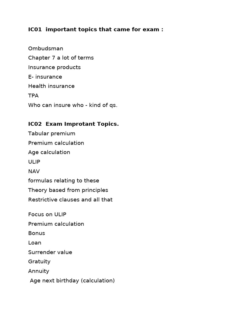 Key Exam Topics for Insurance Studies | PDF | Insurance | Life Insurance