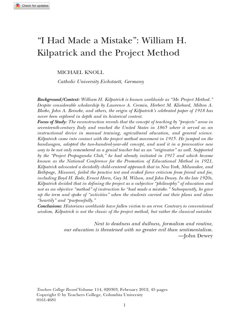 Knoll 2012 I Had Made A Mistake William H Kilpatrick and The Project ...