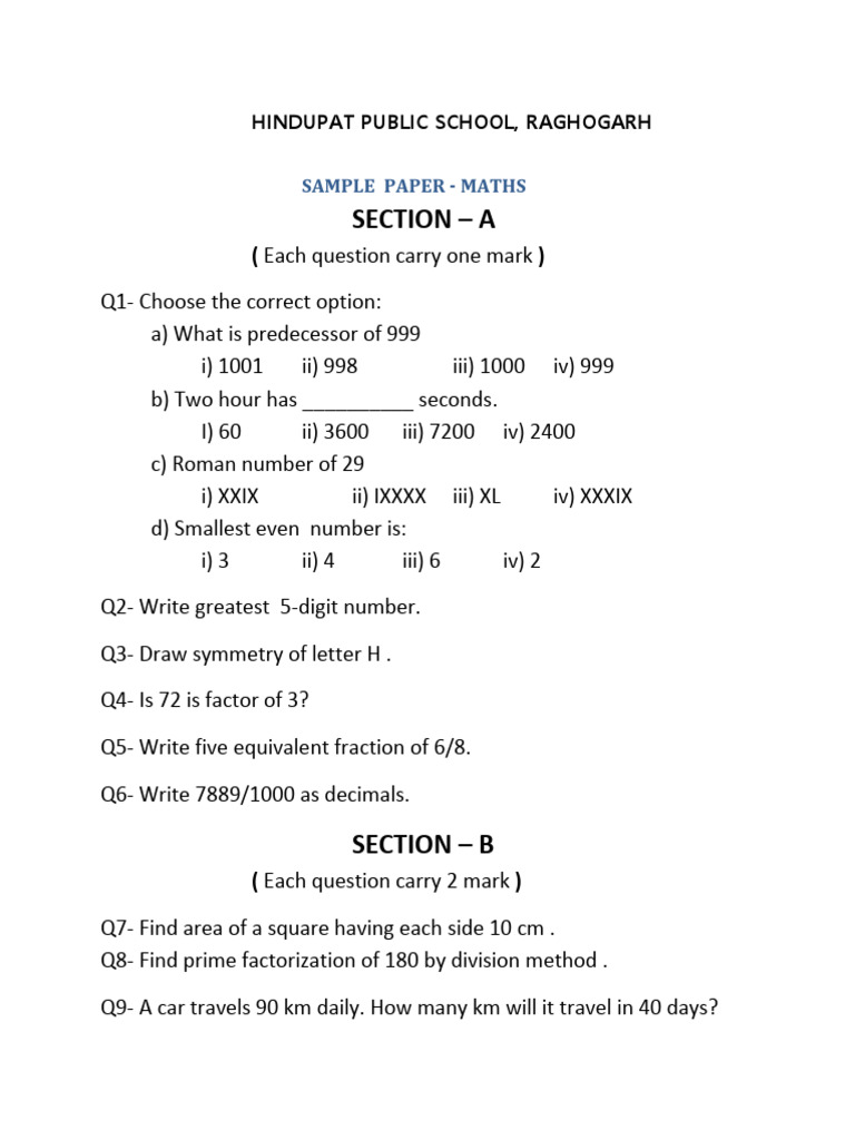 Sample Paper Class 4 Maths | PDF