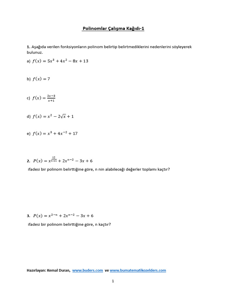 Polinomlar Calisma Kagidi-1 | PDF