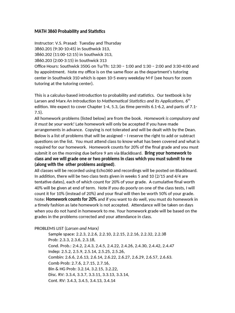 MATH 3860 Probability and Statistics | PDF | Probability Theory | Statistical Theory