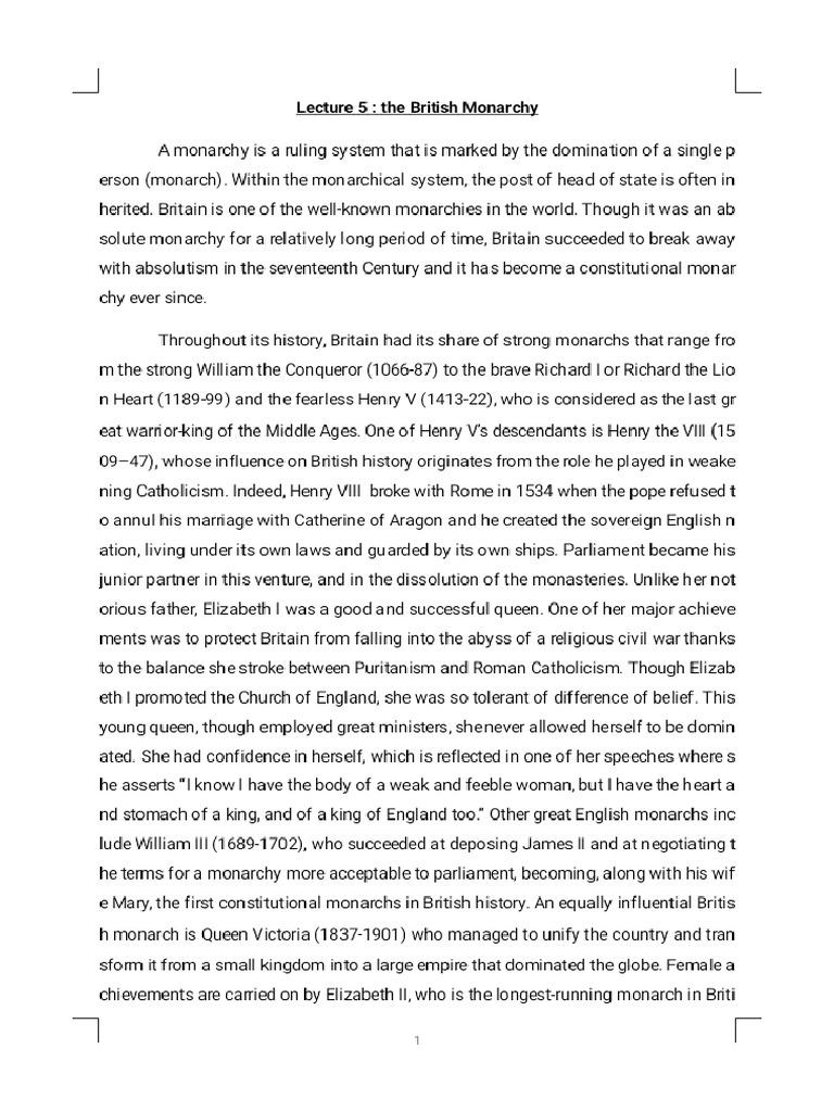 Lecture 5 The British Monarchy - Phoenix | PDF