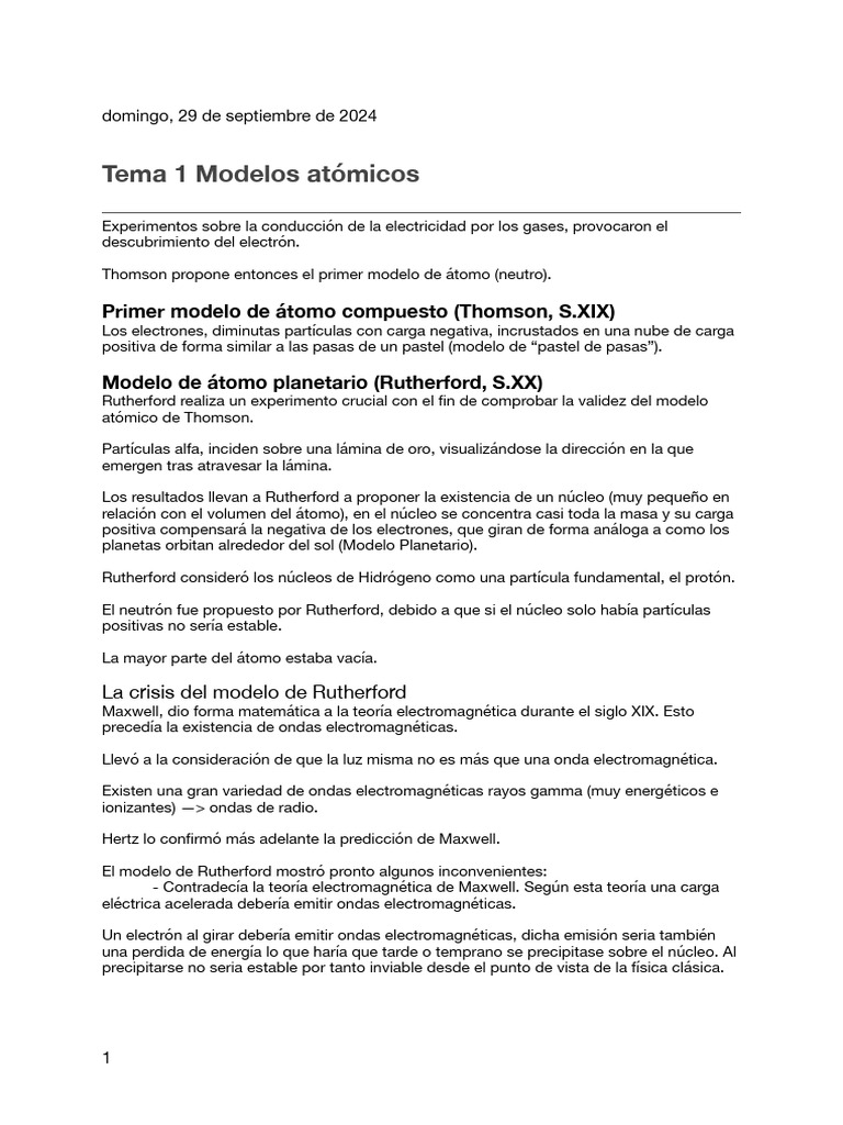 Tema 1 Modelos Atómicos Hasta El 29:09:2024 | PDF | Radiación electromagnética | Mecánica cuántica