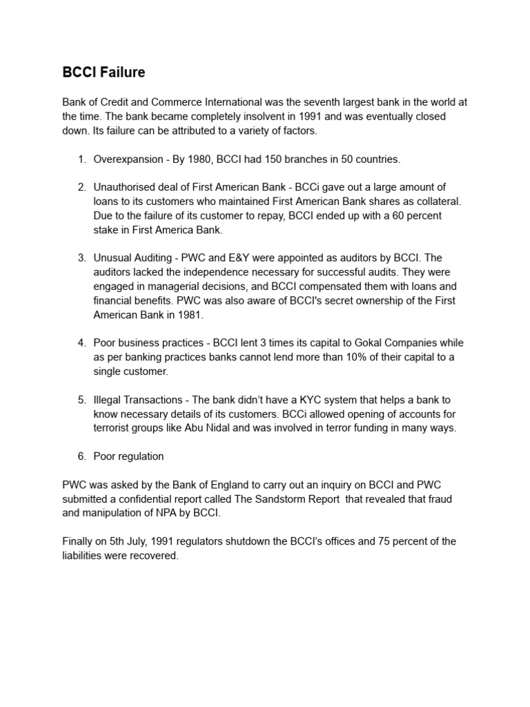 Causes of BCCI Bank Failure | PDF