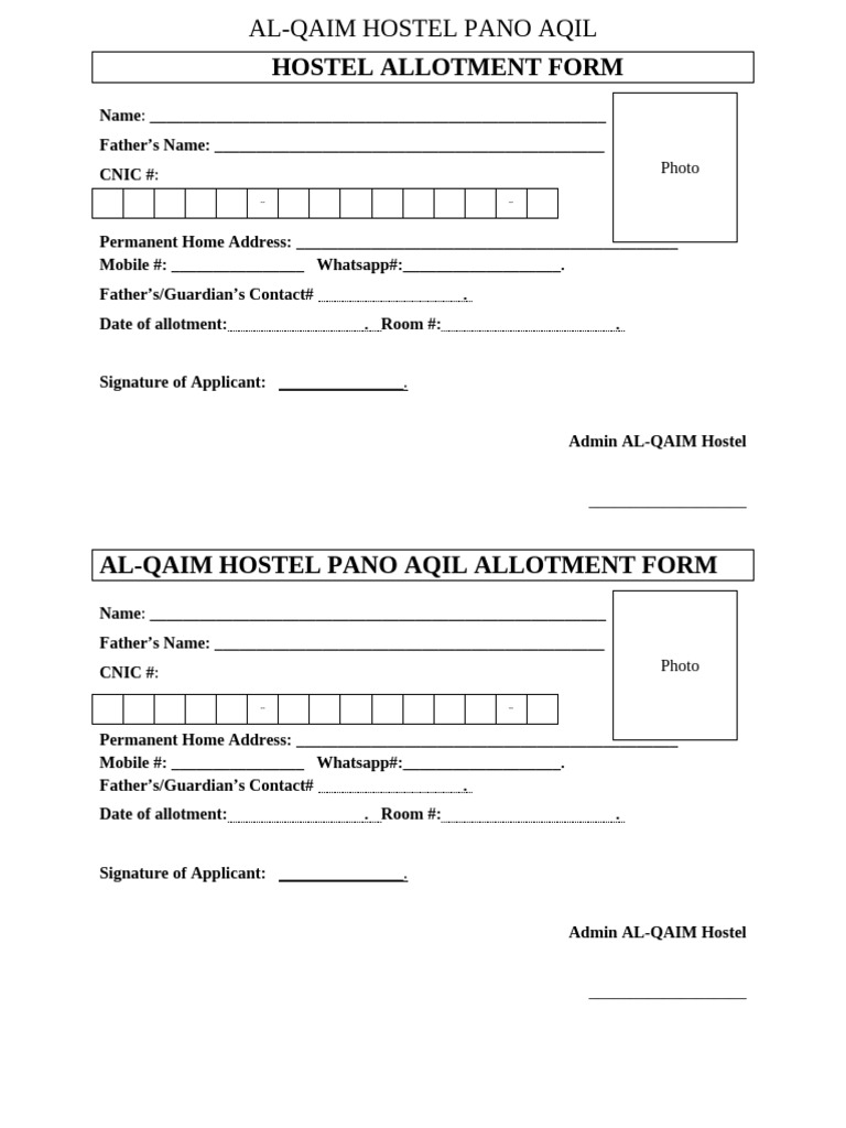 ALLOTMENT FORM of AL-QAIM HOSTEL PANO AQIL | PDF