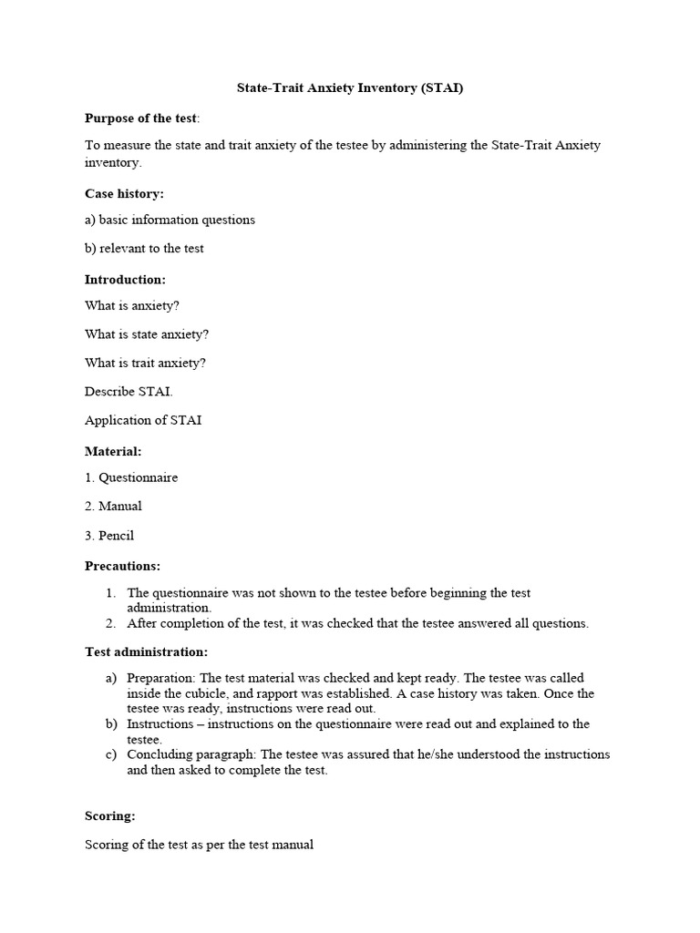 STAI Demo Sheet | PDF