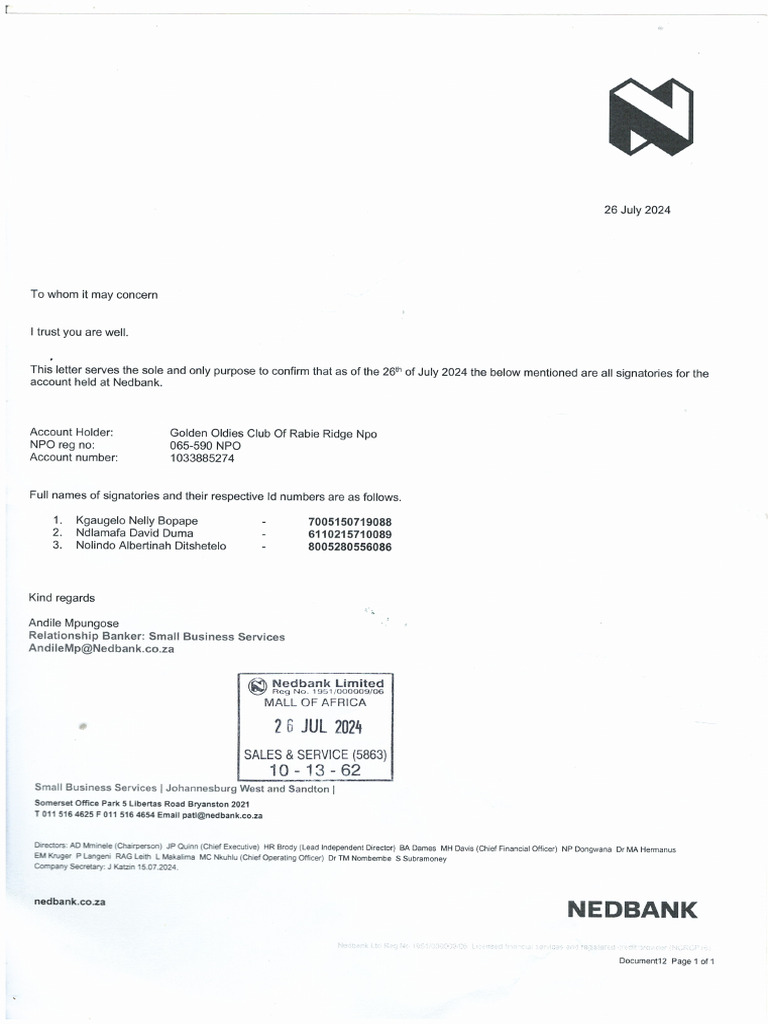 Organogram+Nedbank Letter | PDF