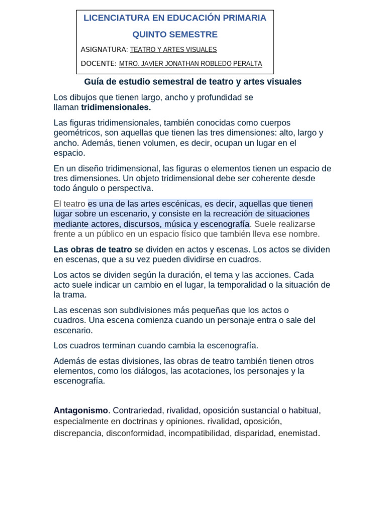 Guía de Estudio Semestral de Teatro y Artes Visuales 2 | PDF | Teatro ...