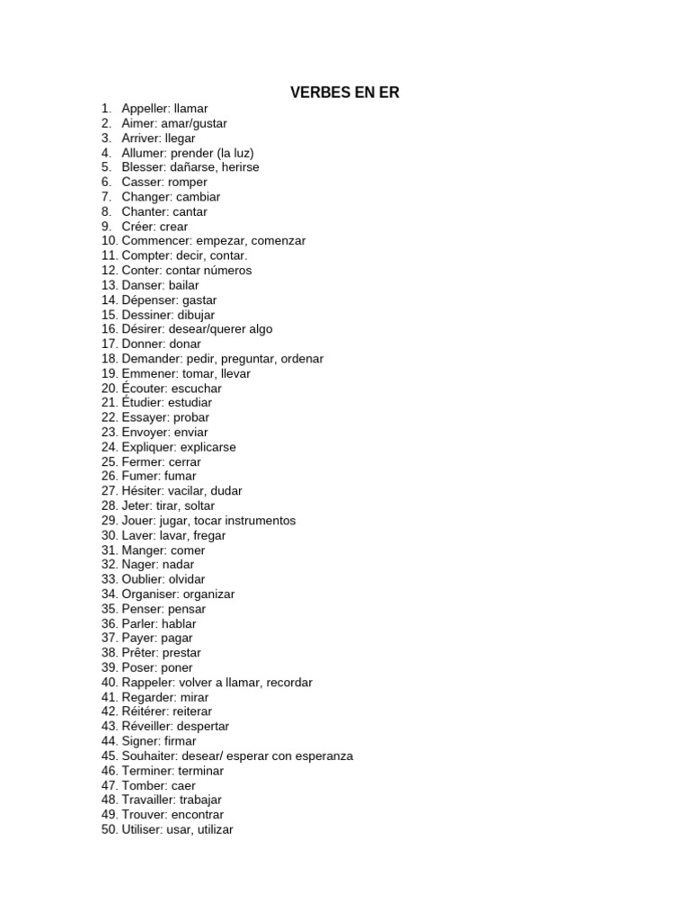 Lista de verbos en ER en francés | PDF