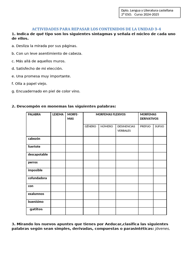 Actividades para Repasar La Unidad 3-4 | PDF