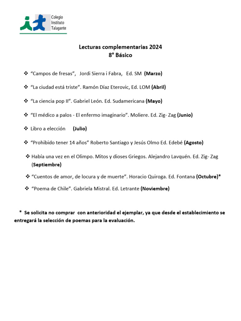 Lecturas Complementarias 8o Basico 2024 | PDF