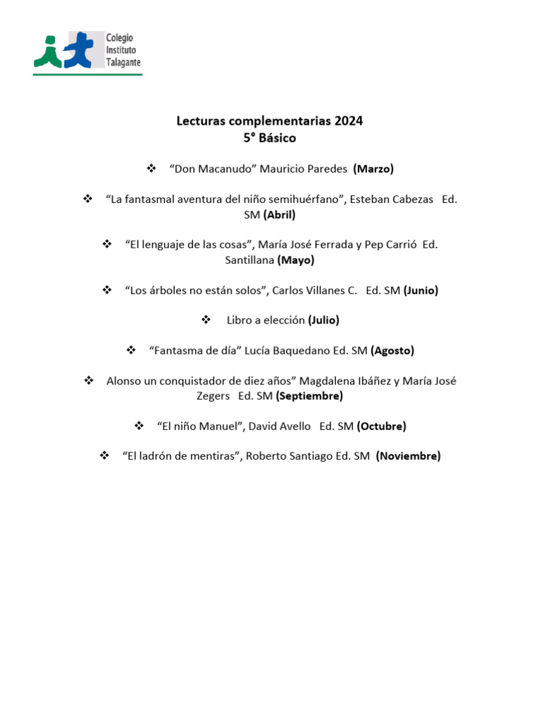 Lecturas Complementarias 5o Basico 2024 | PDF