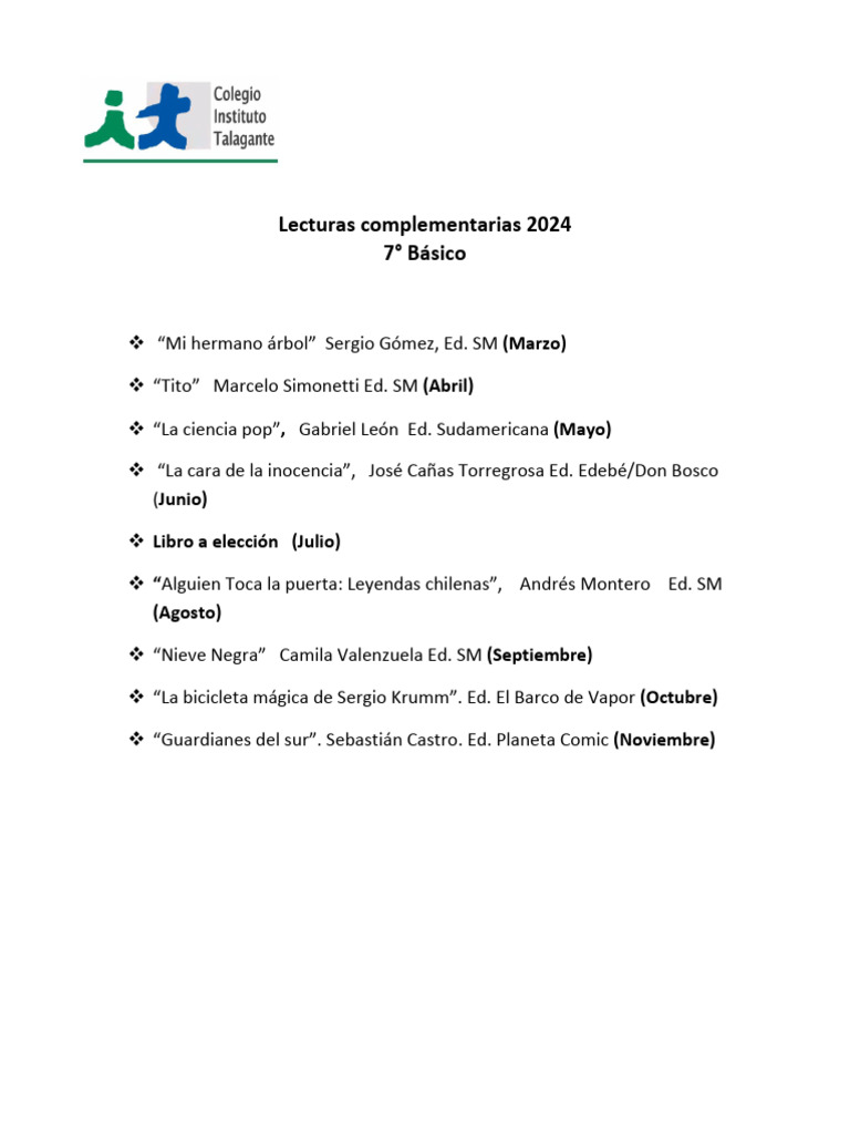 Lecturas Complementarias 7o Basico 2024 | PDF