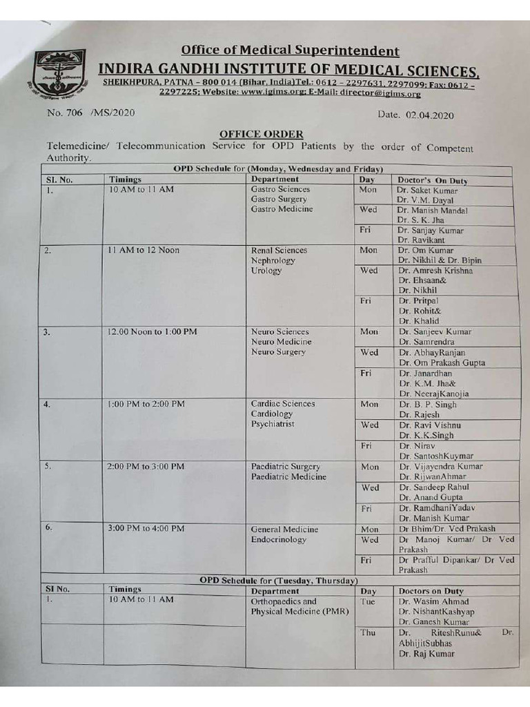 Revised OPD Schedule | PDF
