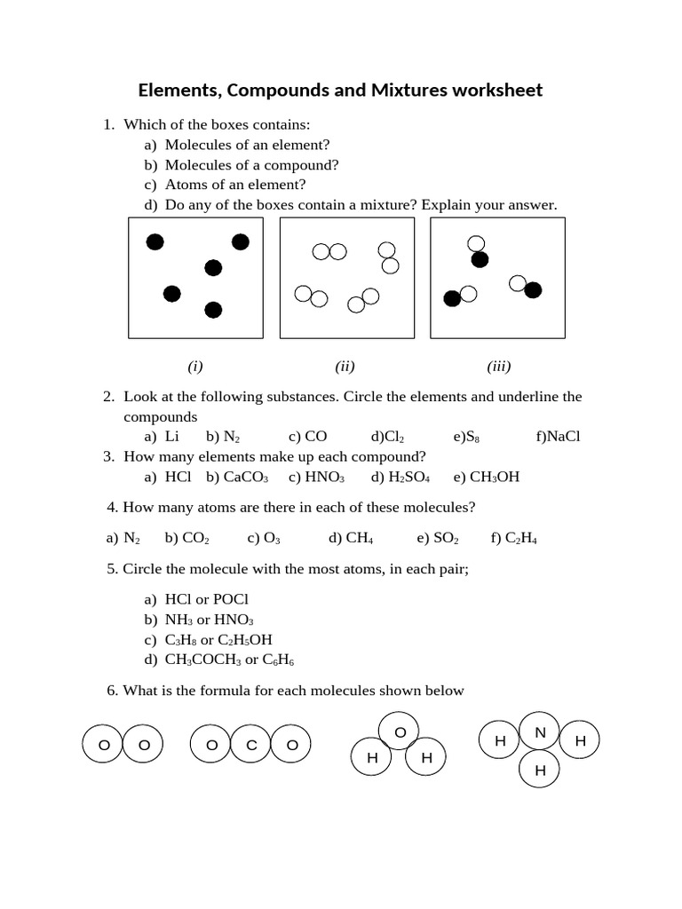 Worksheet Elements Compounds Mixtures ks3 | PDF | Chemical Compounds ...