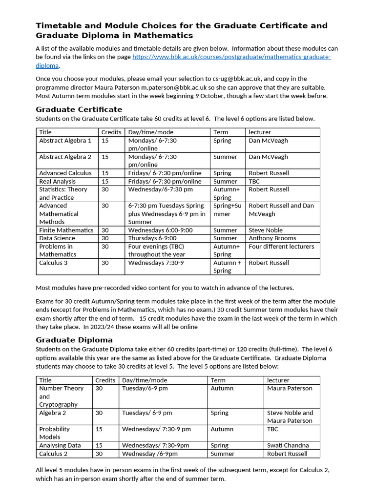 Maths Grad Cert Dip Module Options 2023-24 | PDF | Mathematics