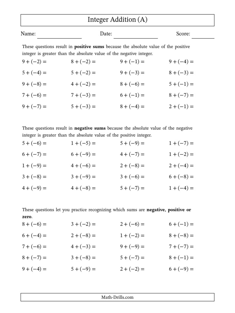 Scaffolded Positive Plus Negative Integer Addition | PDF | Integer | Mathematics