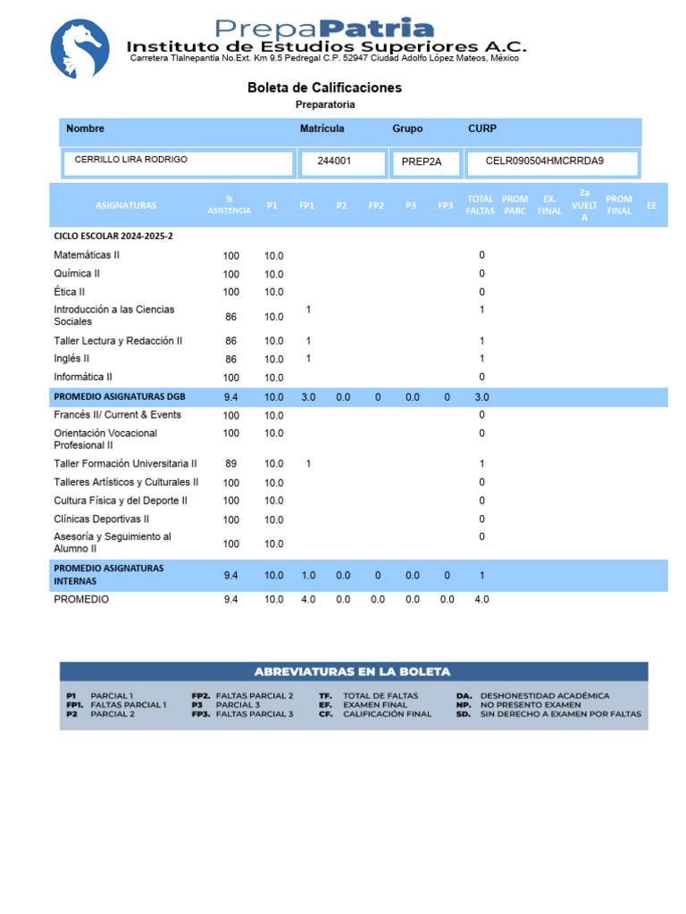 Boleta de Calificaciones 2024-2025 | PDF