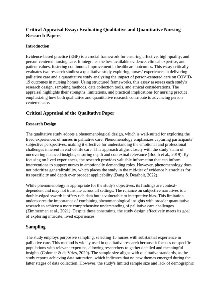 Critical Appraisal Essay | PDF | Qualitative Research | Performance ...
