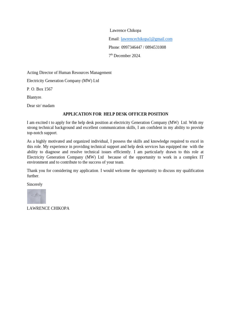 Lawrence Chikopa Internal Auditor Application | PDF